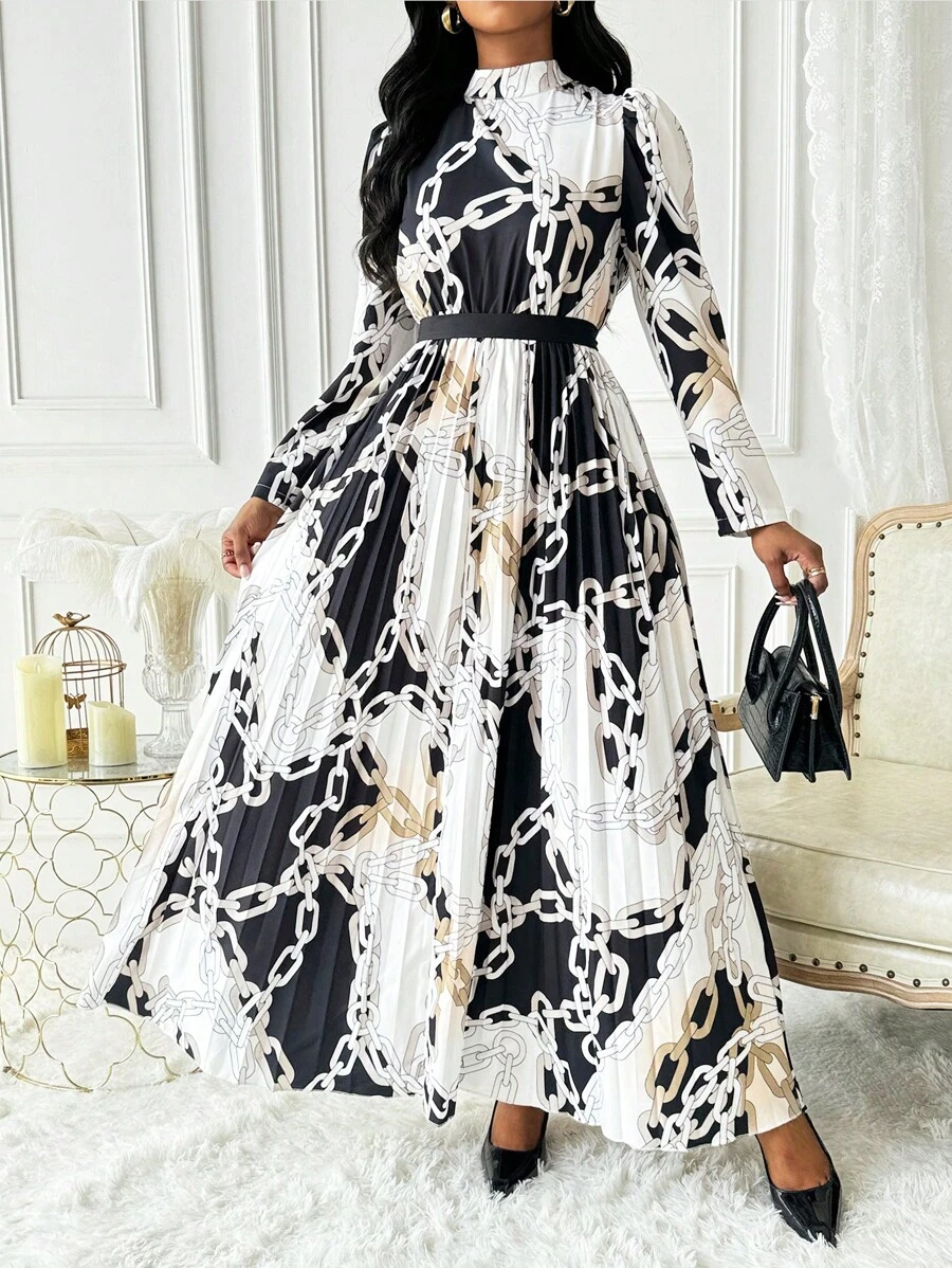 SHEIN Clasi Women Elegant Chain Print Pleated Dress, For Commuting In ...