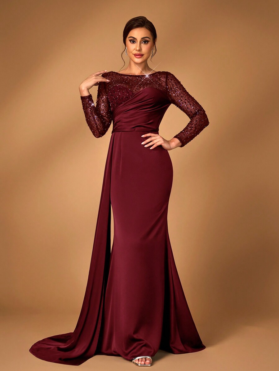 Serin Elegant & Luxurious Navy Sheer Long Sleeve Gown With Beaded ...