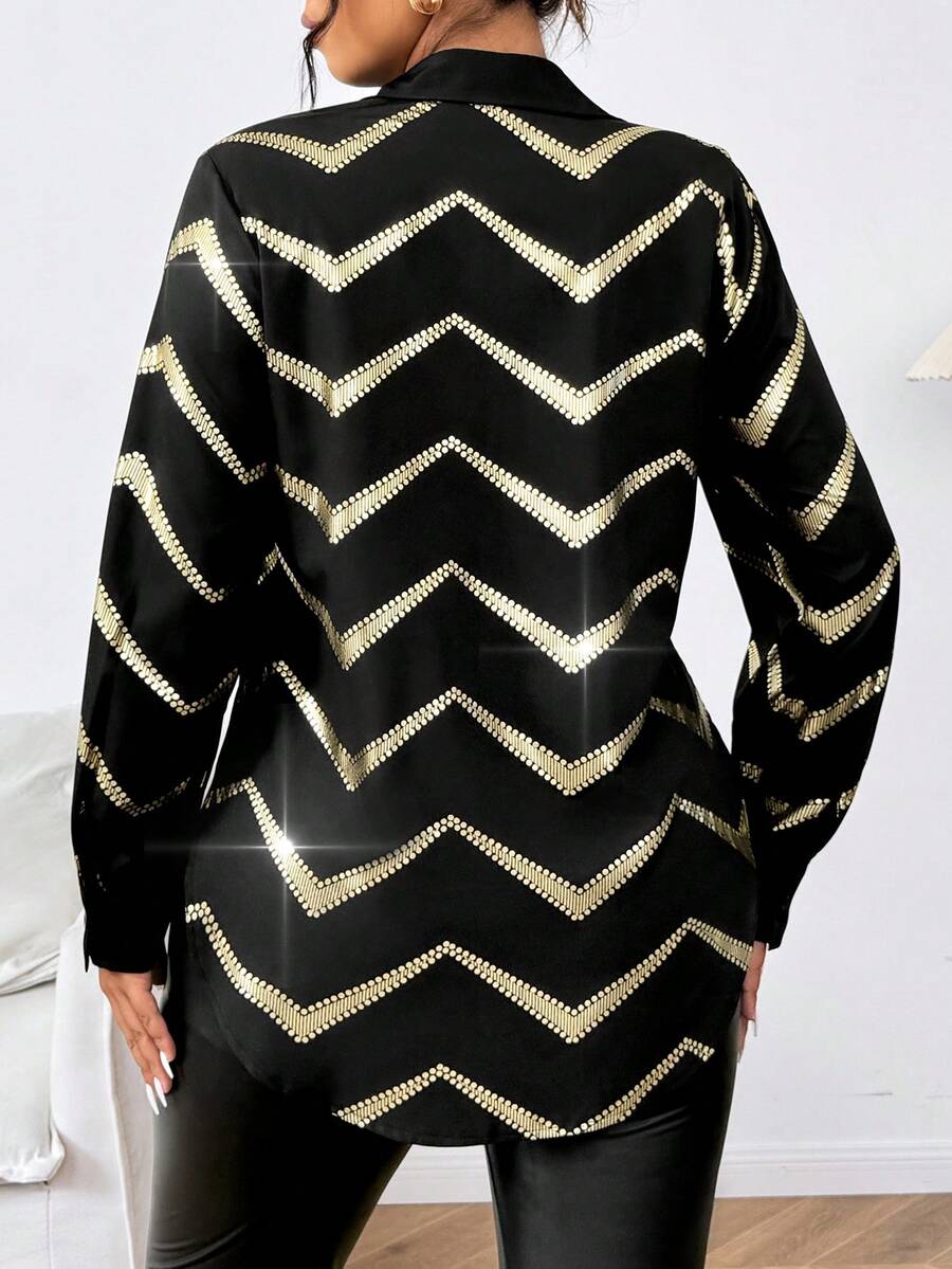 Celure Elegant Business Collared Sheer Long Sleeve Shirt With Metallic ...