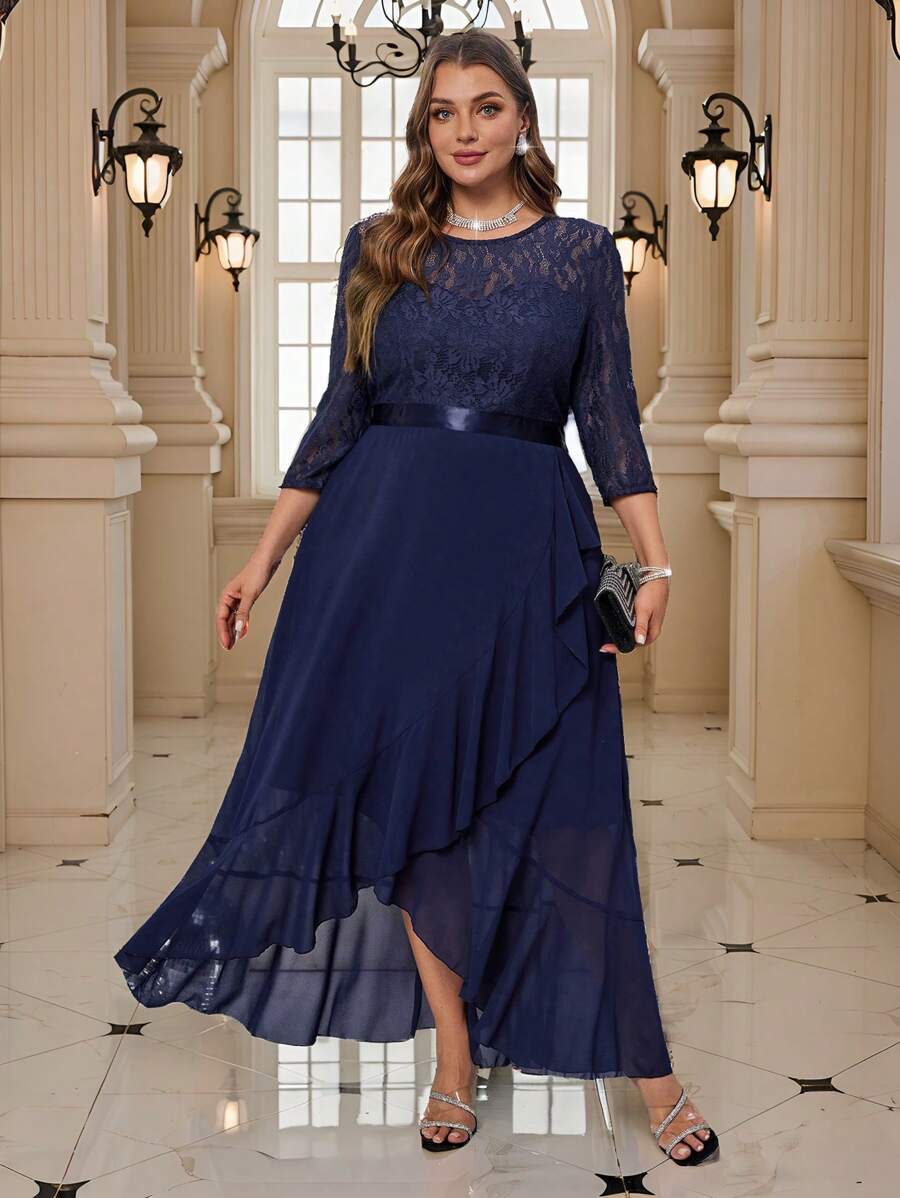 SHEIN Clasi Curvy Plus Size Women's Navy Blue Solid Color Elegant Romantic Lace Splicing Long ...