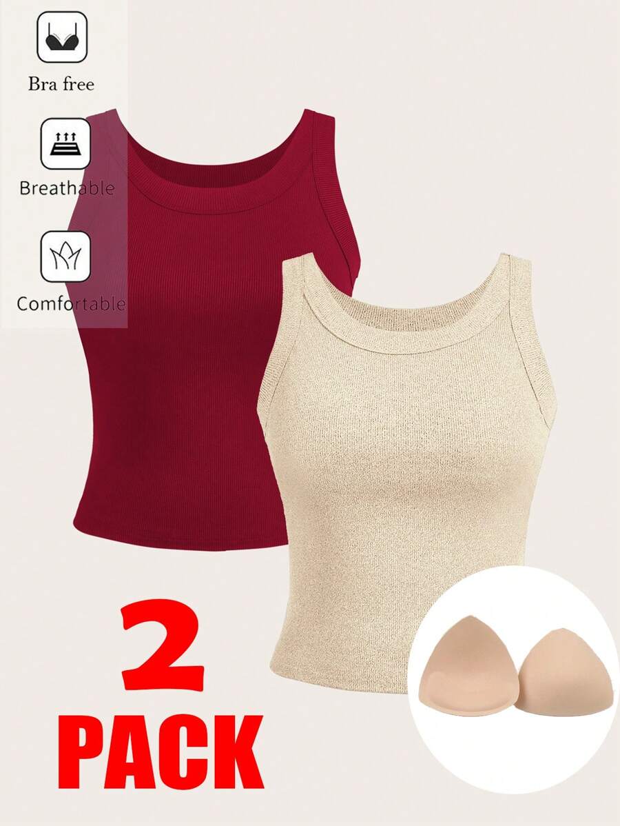 SHEIN Essnce 2pcs Women Ribbed Thick Bra Cami Tank Top, Sleeveless ...