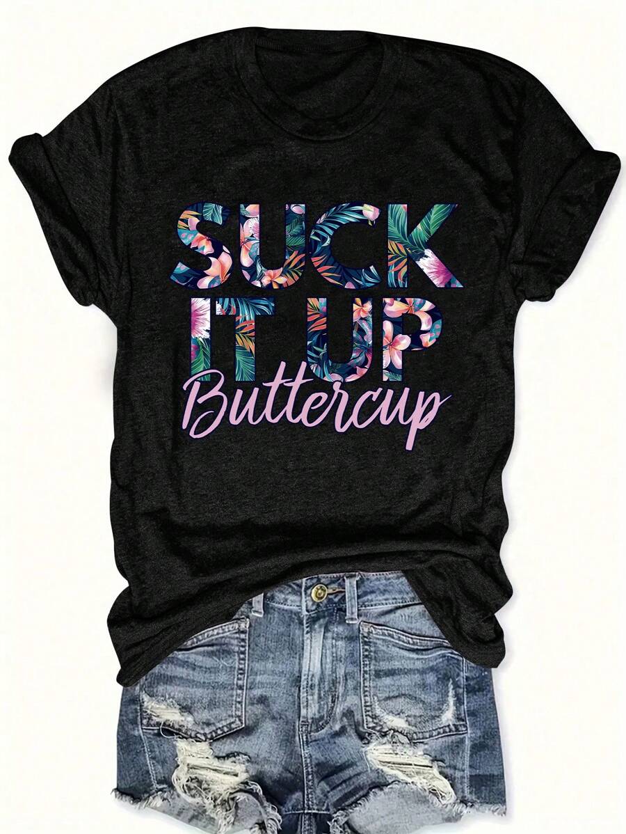 SHEIN LUNE Plus Size Casual Short Sleeve T-Shirt With Plant, Flower ...