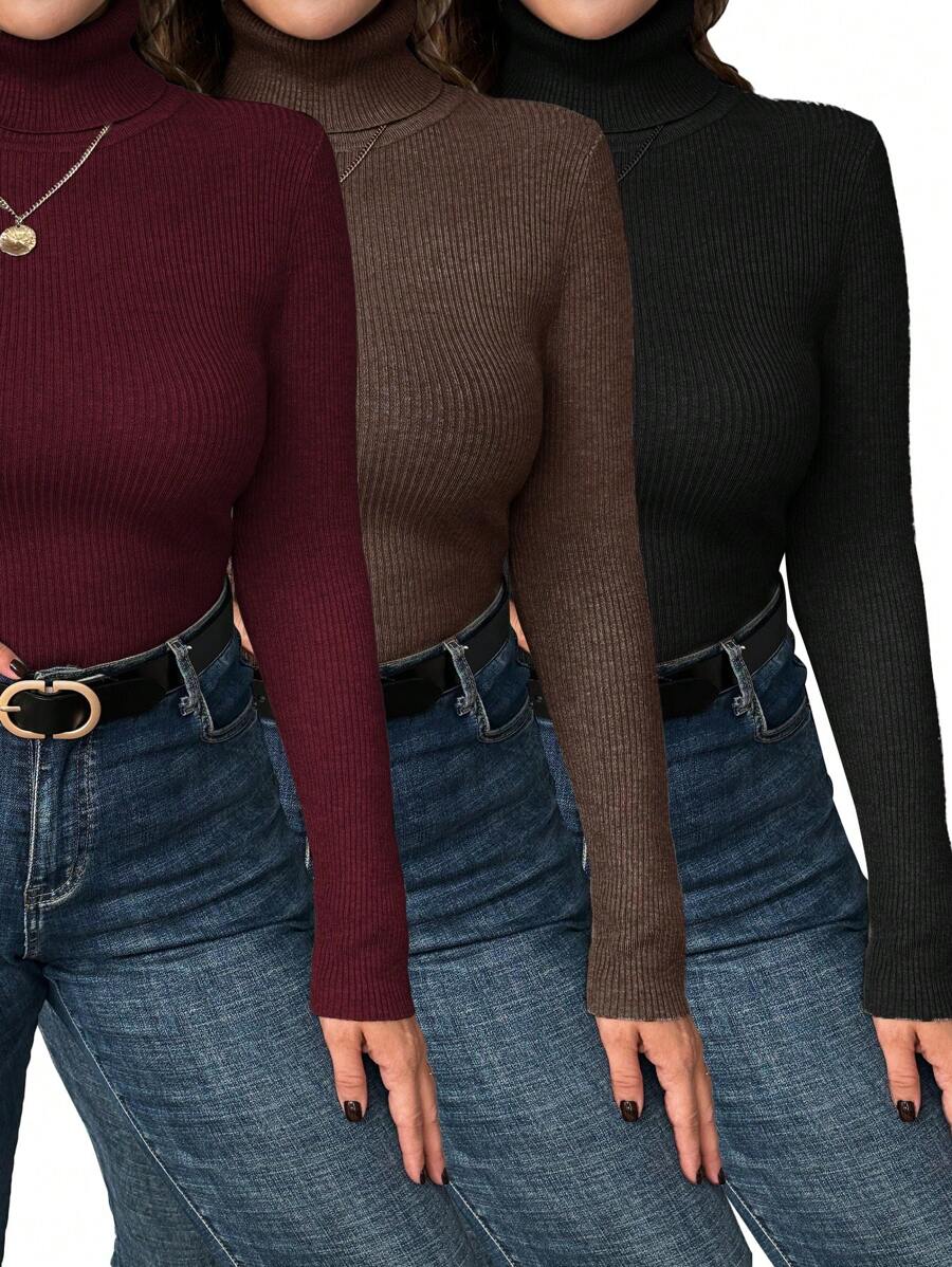 SHEIN LUNE 3pcs Women Plus Size Simple Solid Color High Neck Ribbed Knit Fitted Pullover Sweater ...