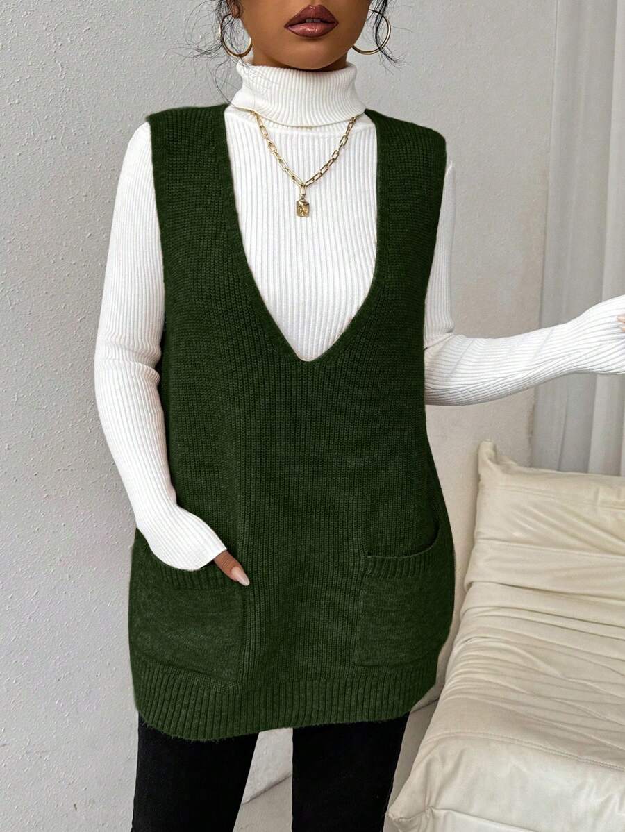 EMERY ROSE Women Solid Color Deep V-Neck Casual Pocket Design Knit ...