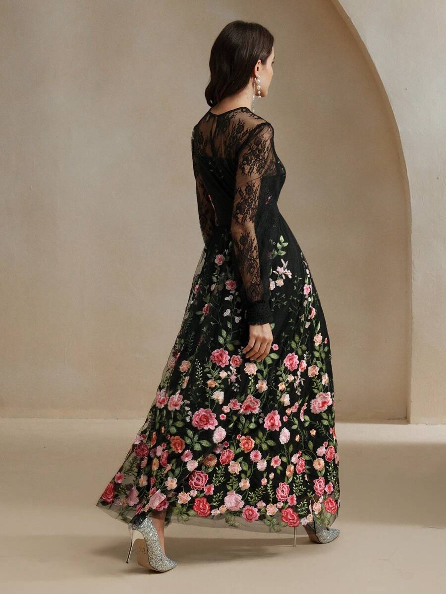 Anewsta Women Elegant Vacation Floral Embroidered Lace Sheer Lantern Sleeve Dress For Autumn | SHEIN