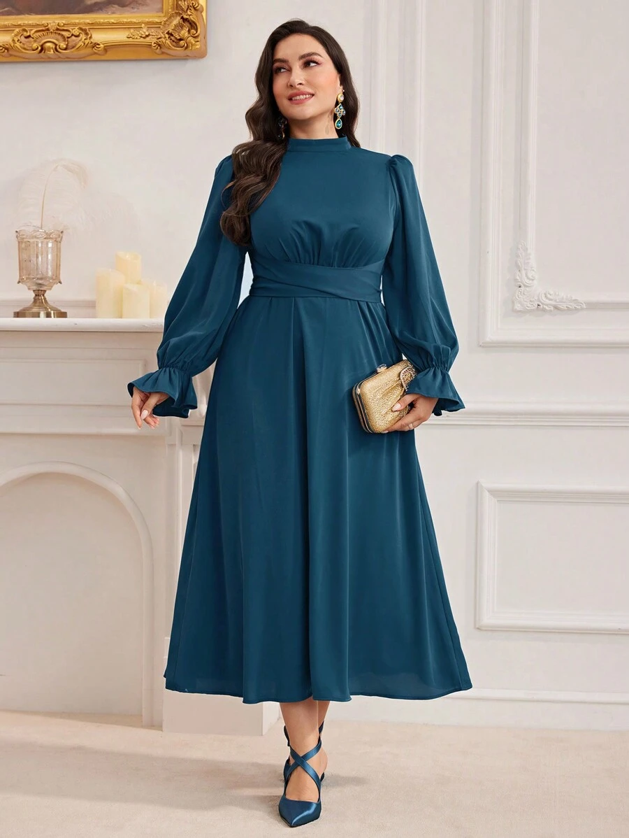 Modelyn Plus Size Casual Solid Color Long Sleeve Cinched Waist Dress Long Evening Dresses ...