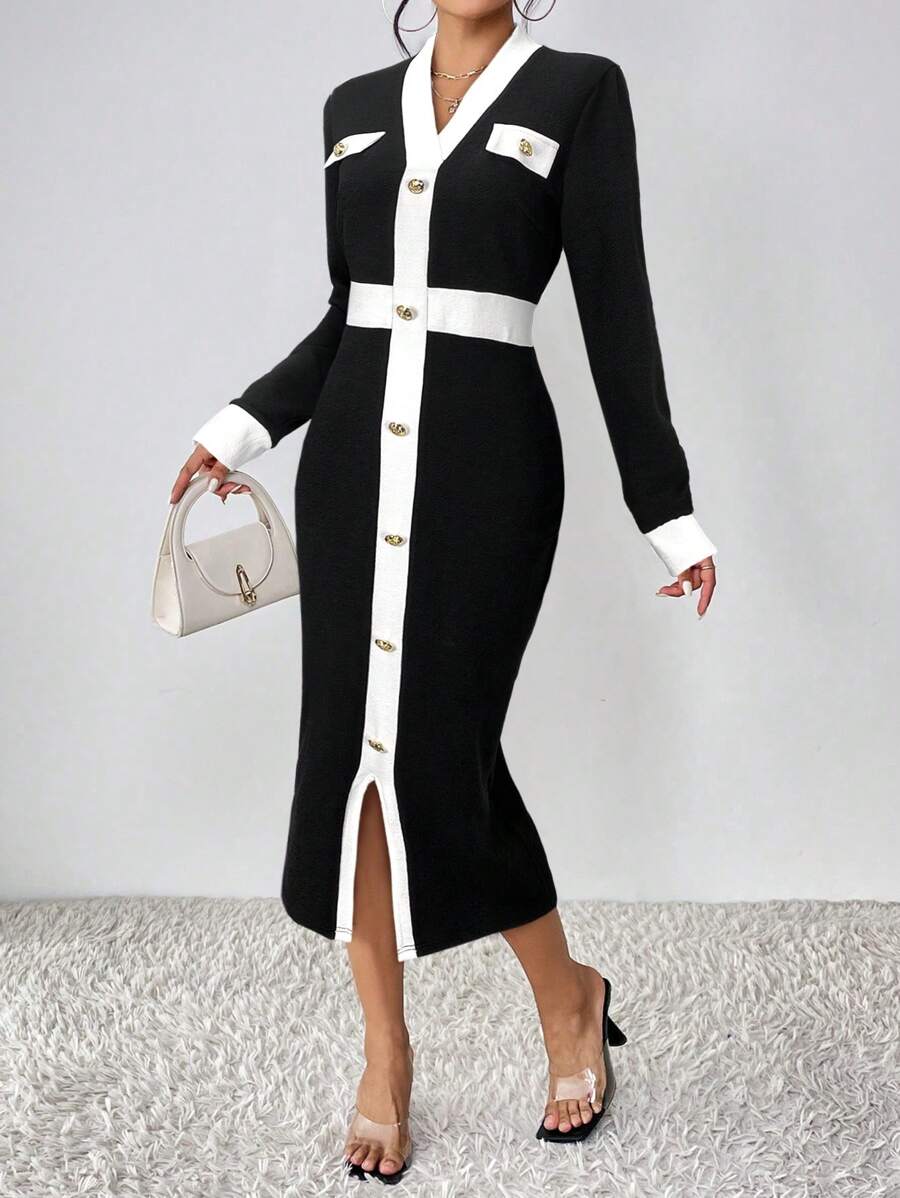 SHEIN Privé Women's Elegant Black & White Splice Hemline Slit Midi ...