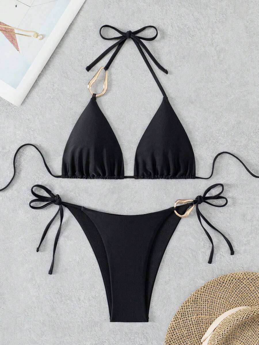 Solid Color Halter Spaghetti Strap Teardrop Buckle Triangle Swimwear ...