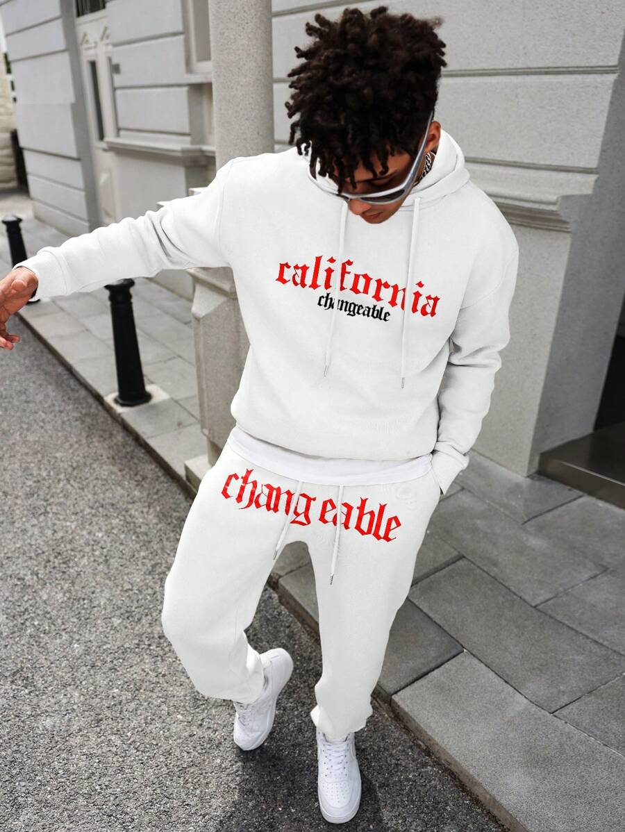 Manfinity EMRG Heren Casual Letter Print Hoodie en Trekkoord Broek 2 ...