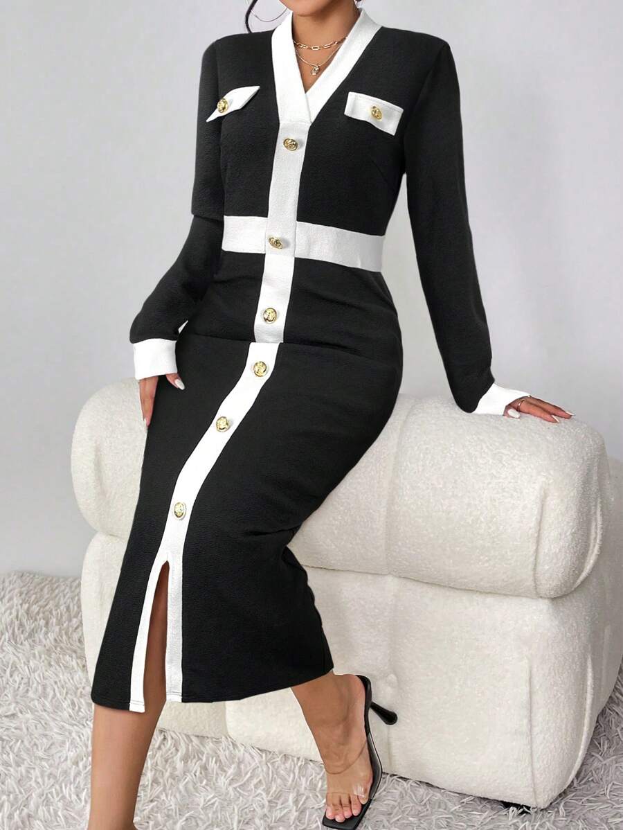 SHEIN Privé Women's Elegant Black & White Splice Hemline Slit Midi ...