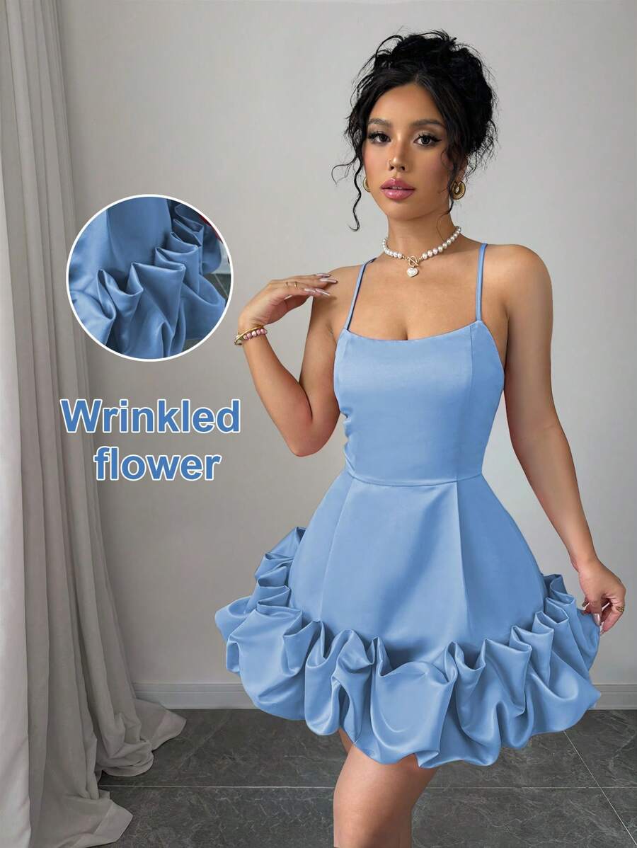 Chiquease Women Solid Color Wrinkled Flower Hem Criss-Cross Backless A ...