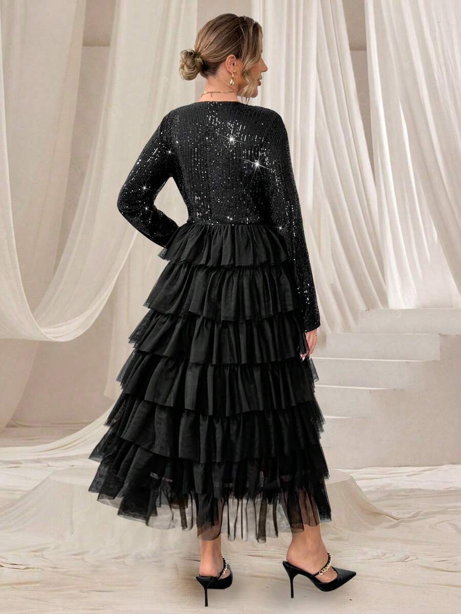 Celure Plus Size Sequin Patchwork Layered Mesh Long Sleeve Dress Maxi ...