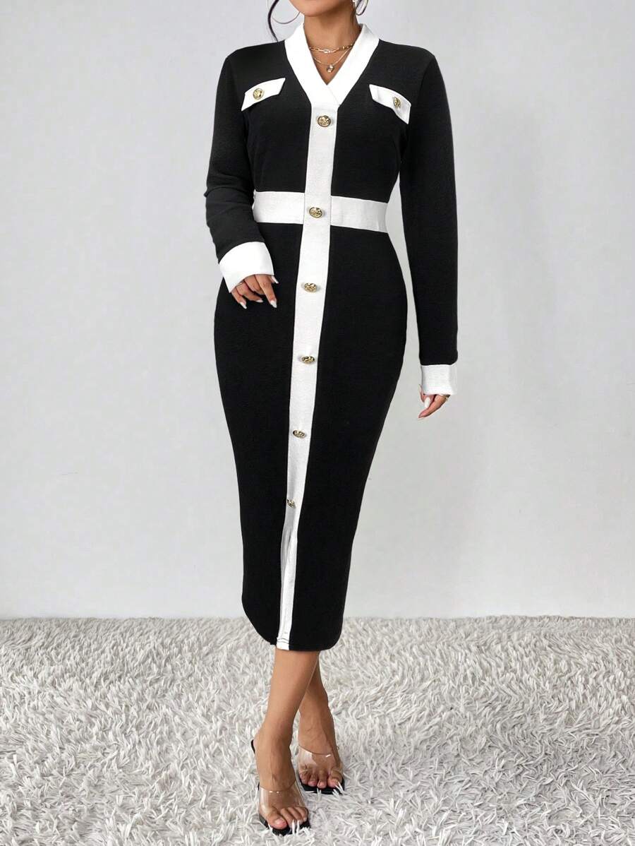 SHEIN Privé Women's Elegant Black & White Splice Hemline Slit Midi ...