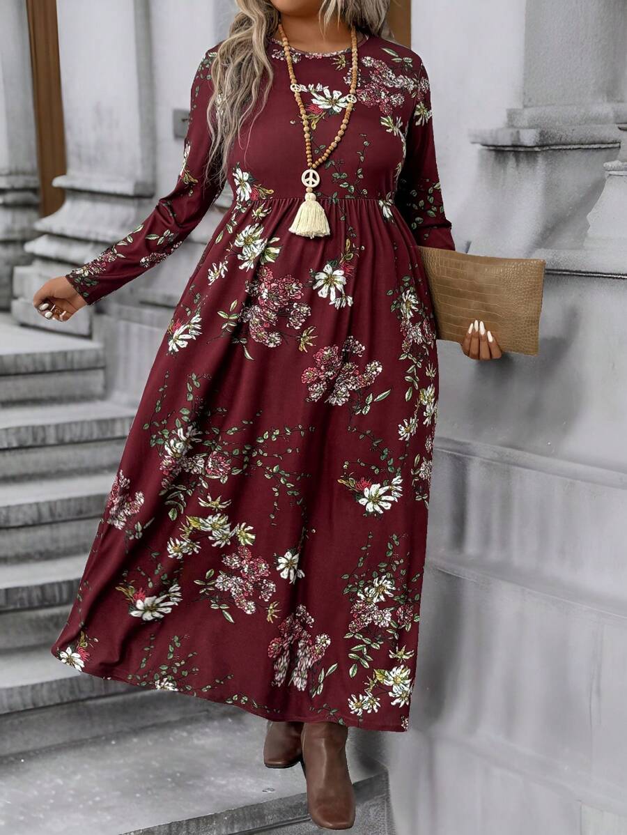 SHEIN LUNE Plus Size Fall Flower Print Elegant Dress, Casual Style For ...