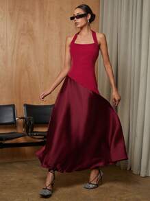 COSMINA 1pc Women's Elegant Two-Tone Halter Backless Dress | SHEIN USA