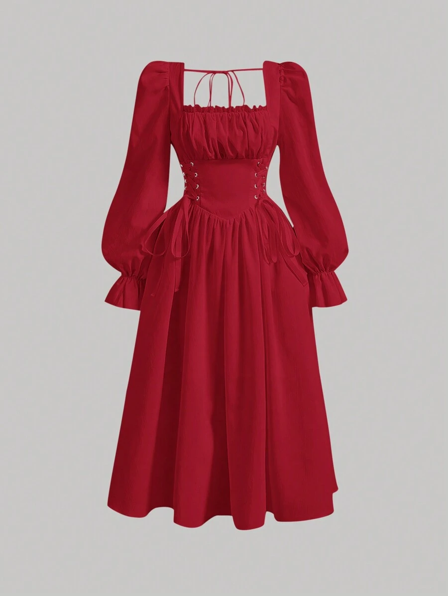 SHEIN Abito lungo da ragazza elegante con vita segnata, scollo quadrato ...