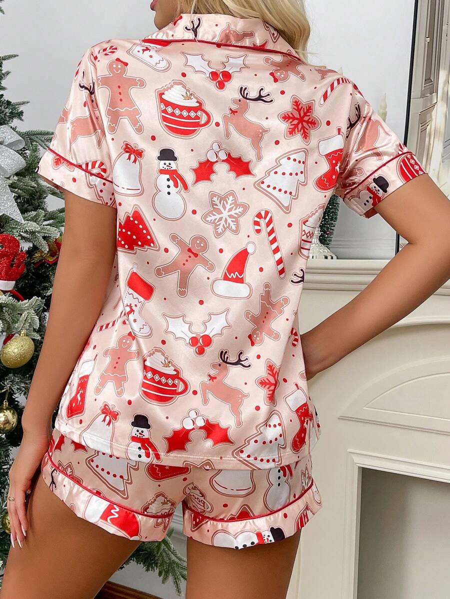 CoupledUp Christmas Elements Printed Imitation Silk Lapel Women Pajama ...