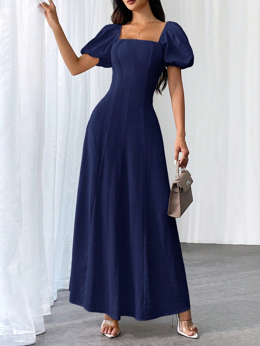 Firerie 1pc Women Elegant Solid Color Square Neck Puff Sleeve Waisted ...