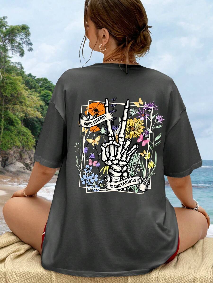 INAWLY Skeleton Hand & Floral Print Drop Shoulder Tee Graphic Tees ...