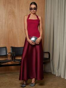 COSMINA 1pc Women's Elegant Two-Tone Halter Backless Dress | SHEIN USA