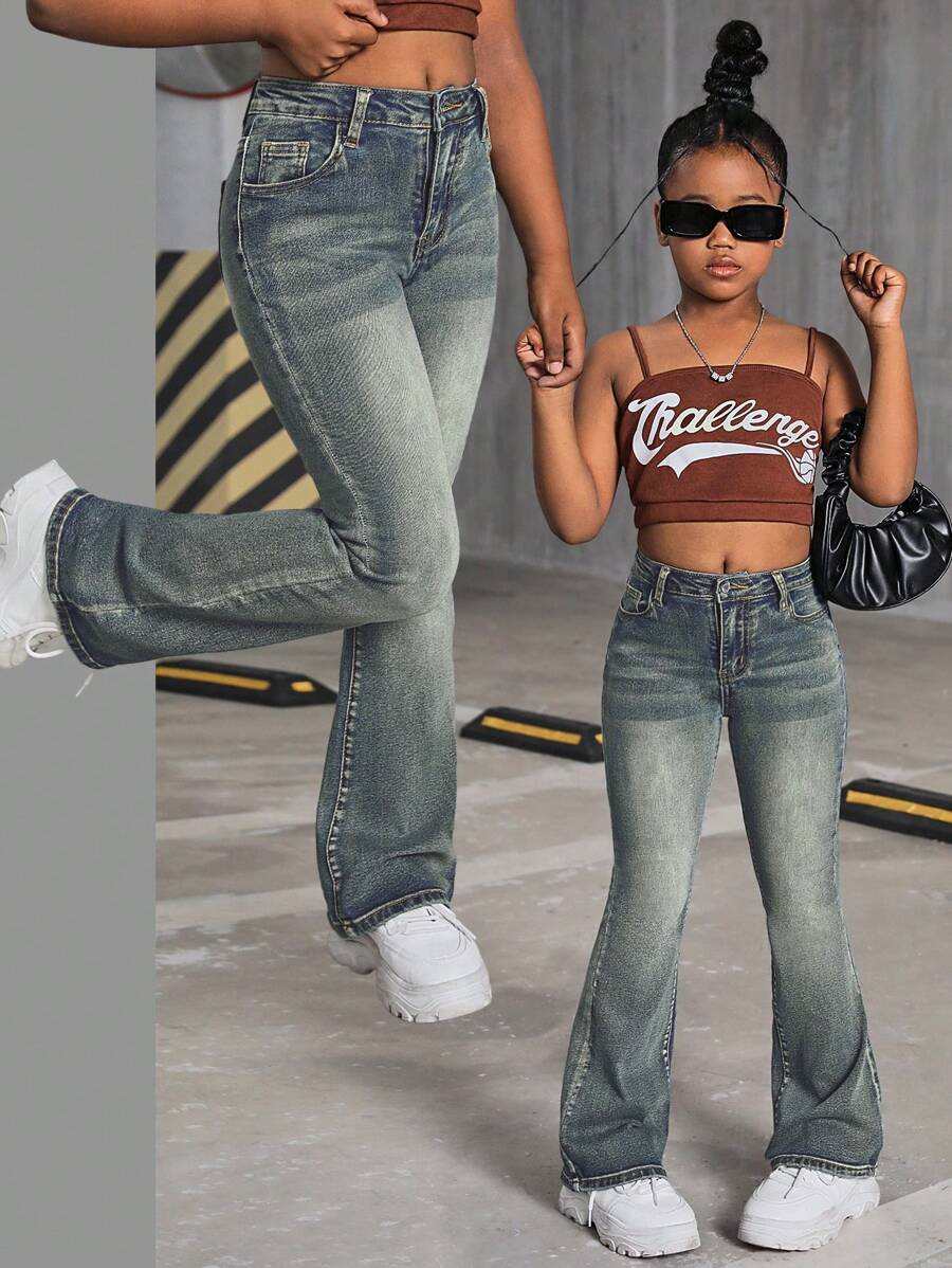 SHEIN Tween Girl Y2K Retro Washed High Waist Cat Whisker Washed Flare ...