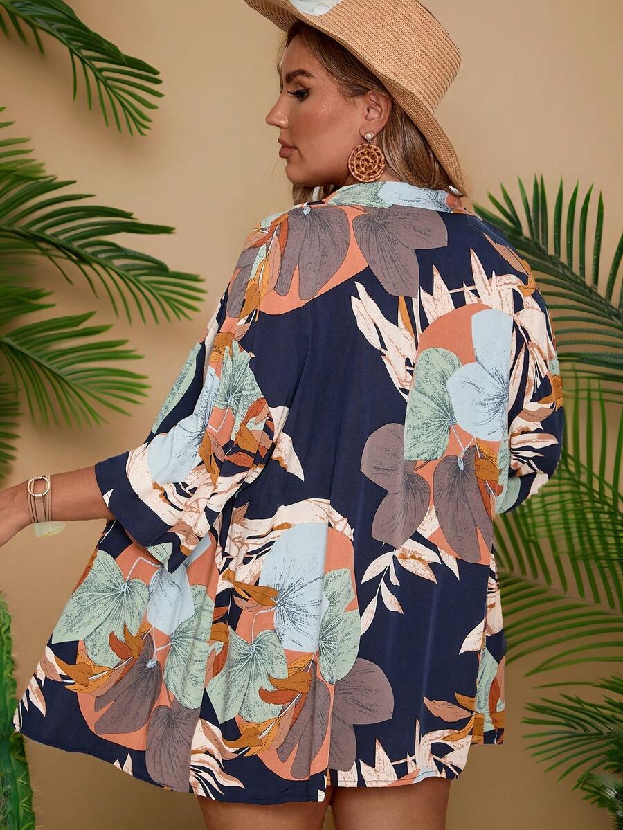 SHEIN VCAY Plus Size Boho Summer Blue Tree Leaves Printed Kimono Shirt ...