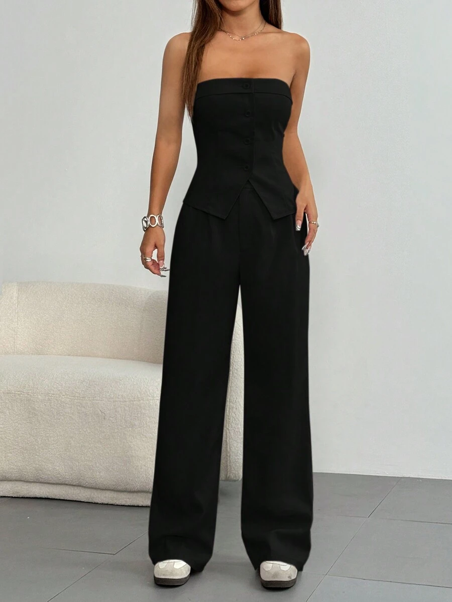 Flirla 2pcs Women Casual Commuter Minimalist Solid Color Tube Top And ...