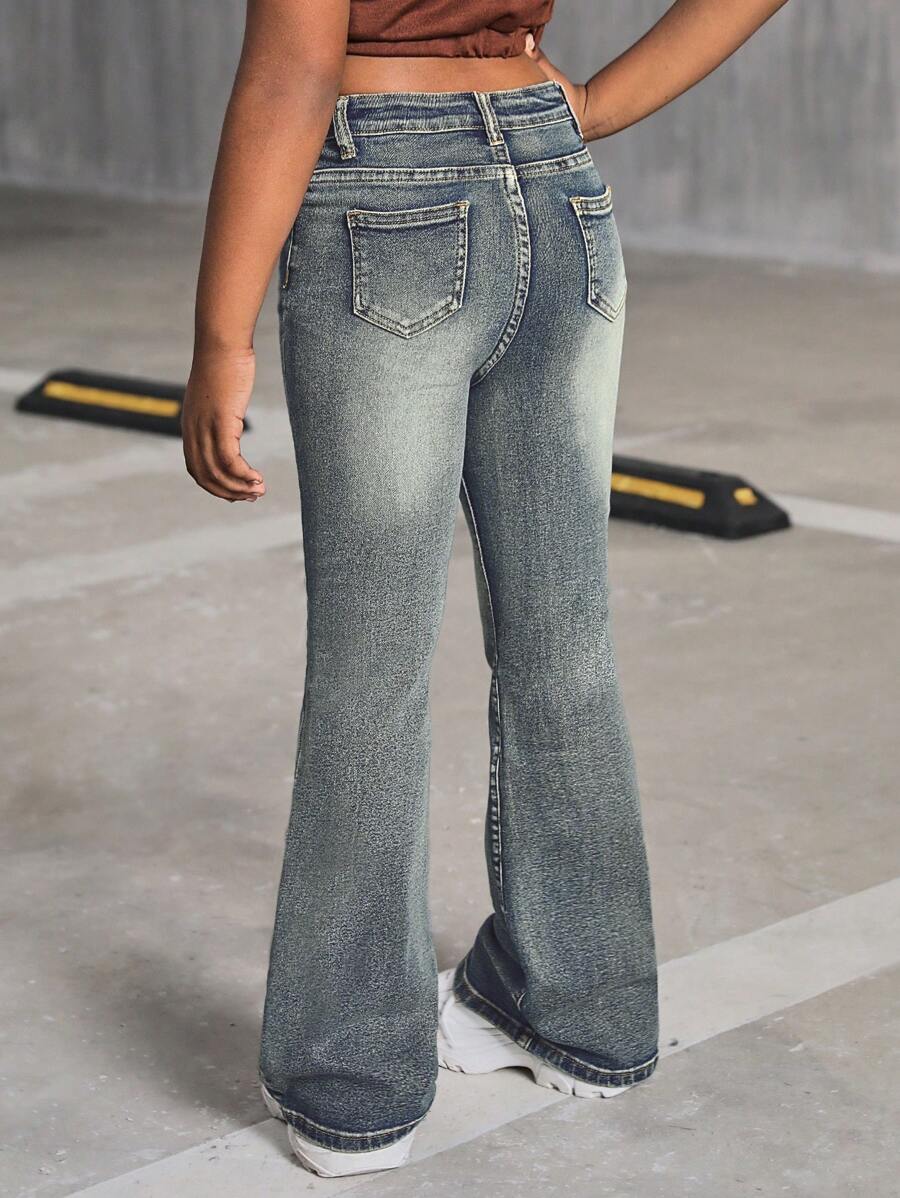 SHEIN Tween Girls Y2K Retro Washed High Waist Cat Whisker Washed Flare ...