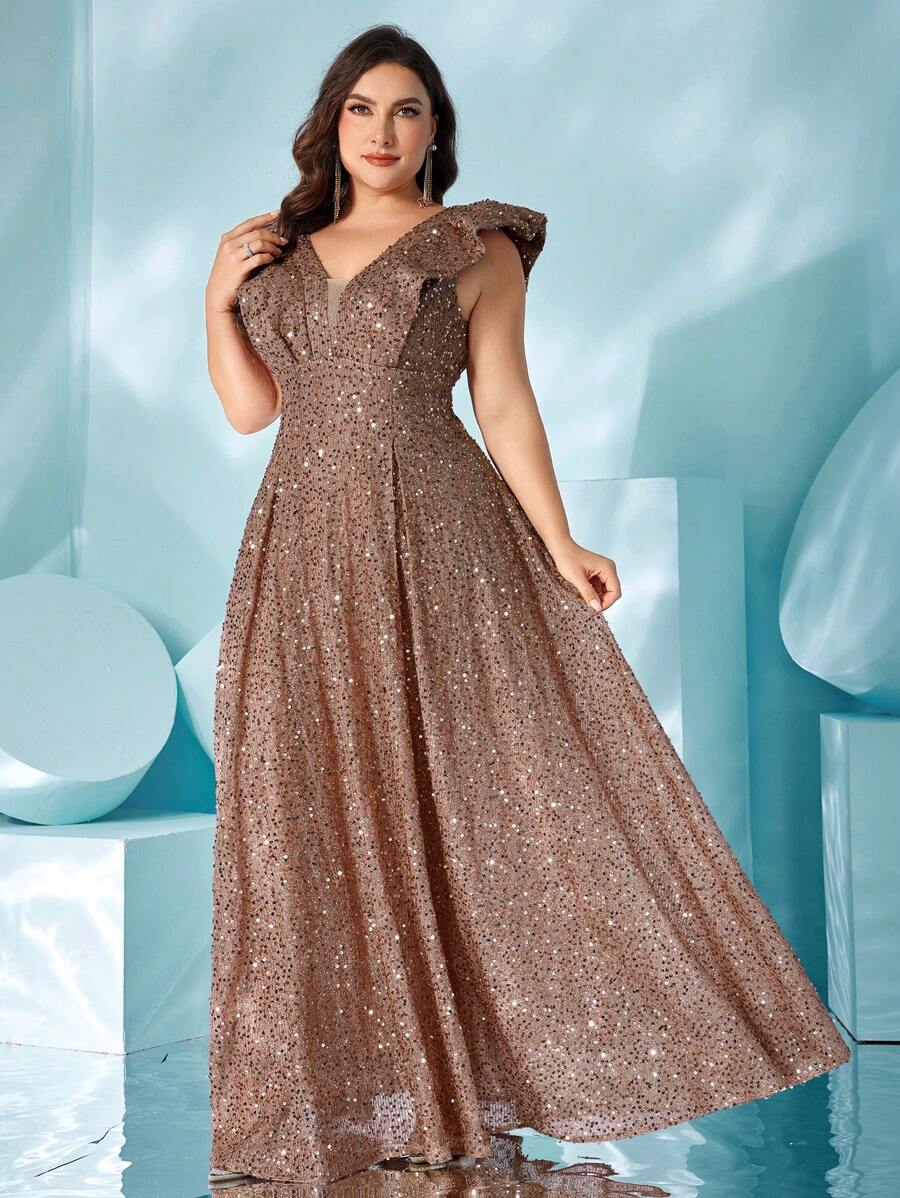 UNITHORSE Robe de soirée scintillante à col en V profond avec volants à ...