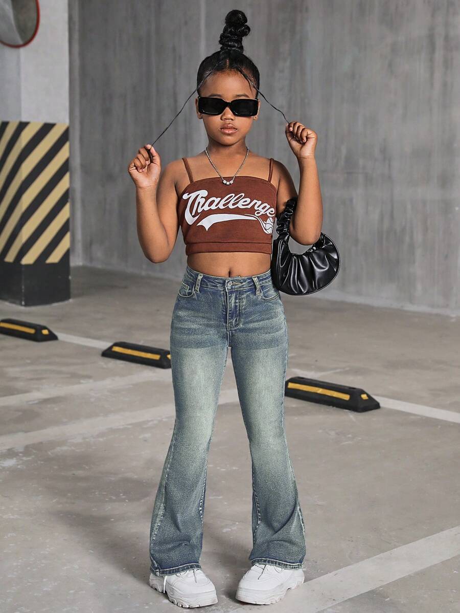 SHEIN Tween Girls Y2K Retro Washed High Waist Cat Whisker Washed Flare ...