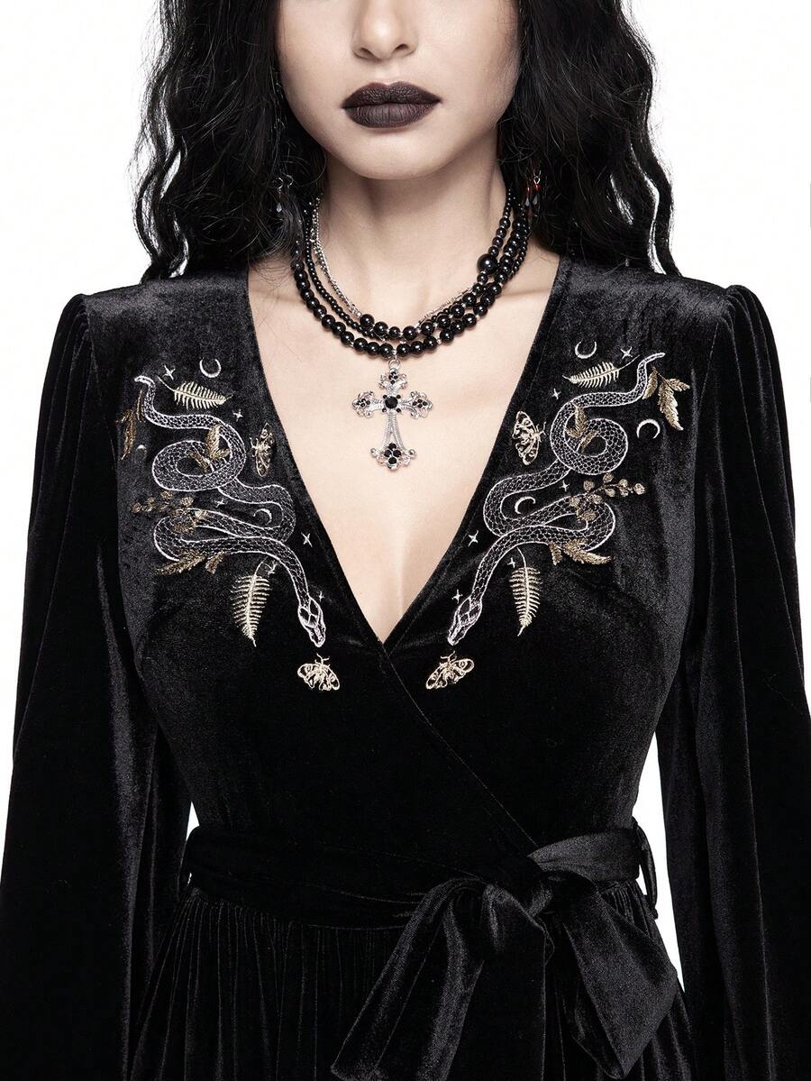 ROMWE Goth Dark Gothic Sexy Snake Vine Embroidered Deep V-Neck Velvet ...