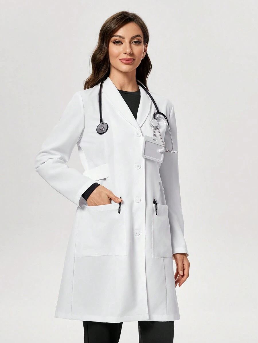 SHEIN TaskFit Long Sleeve Double Pocket Anti-Wrinkle White Lab Coat ...