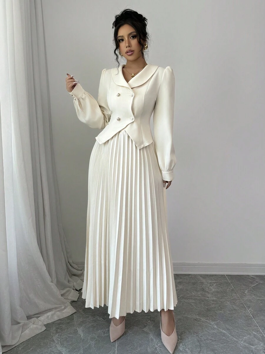 Elenzga Apricot High-End Women 2Pcs Set: Jacket + Pleated Maxi Skirt ...