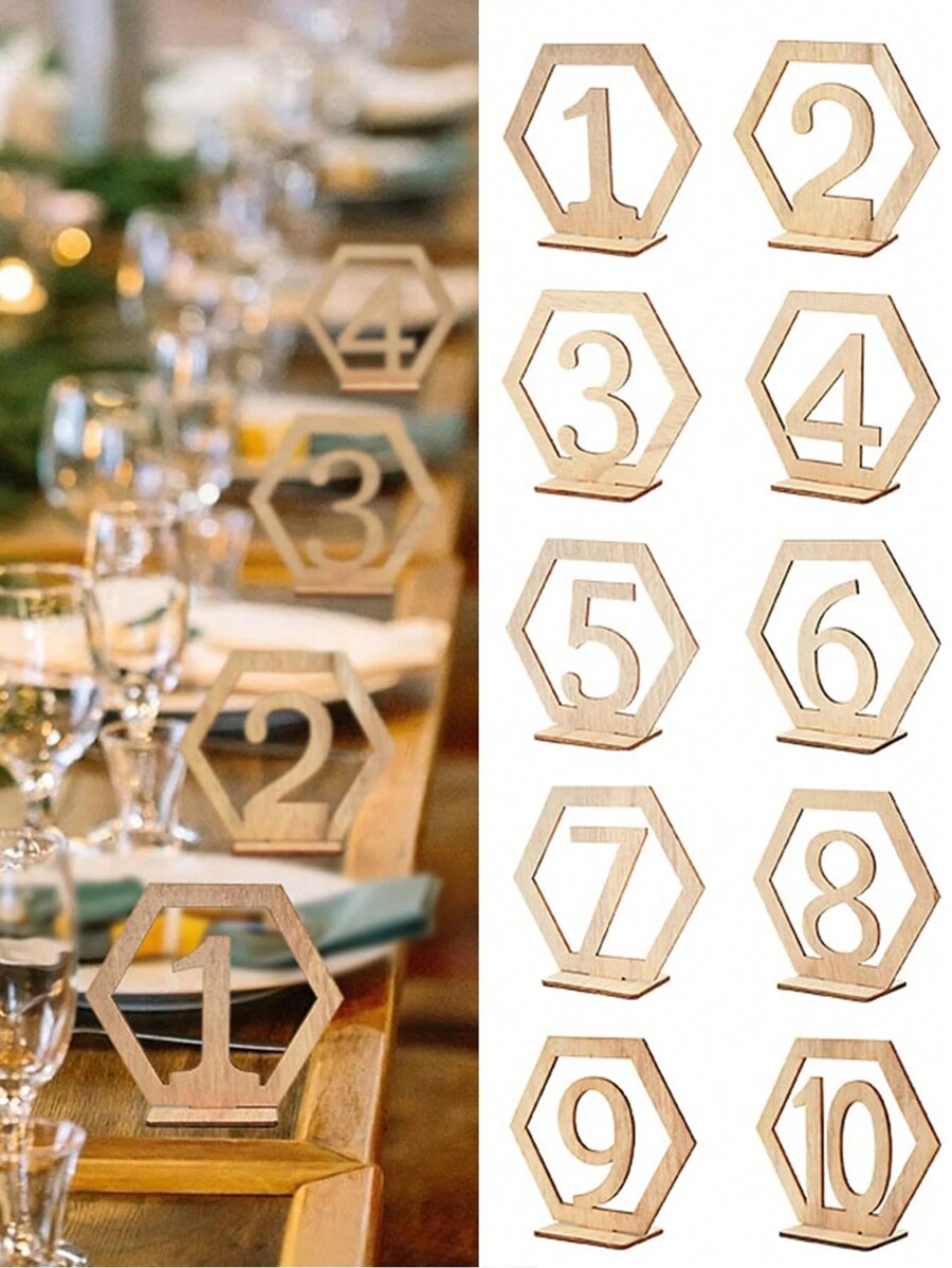 10pcs Wooden Hexagon Shaped Hollow Out Digital Table Numbers (1-40 ...