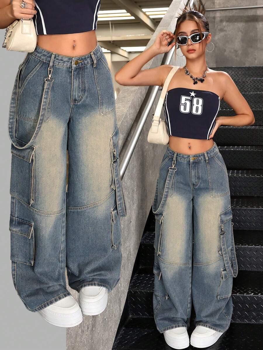 SHEIN Retro Blue Denim Wide Leg Cargo Pants For Teenage Girls | SHEIN EUR