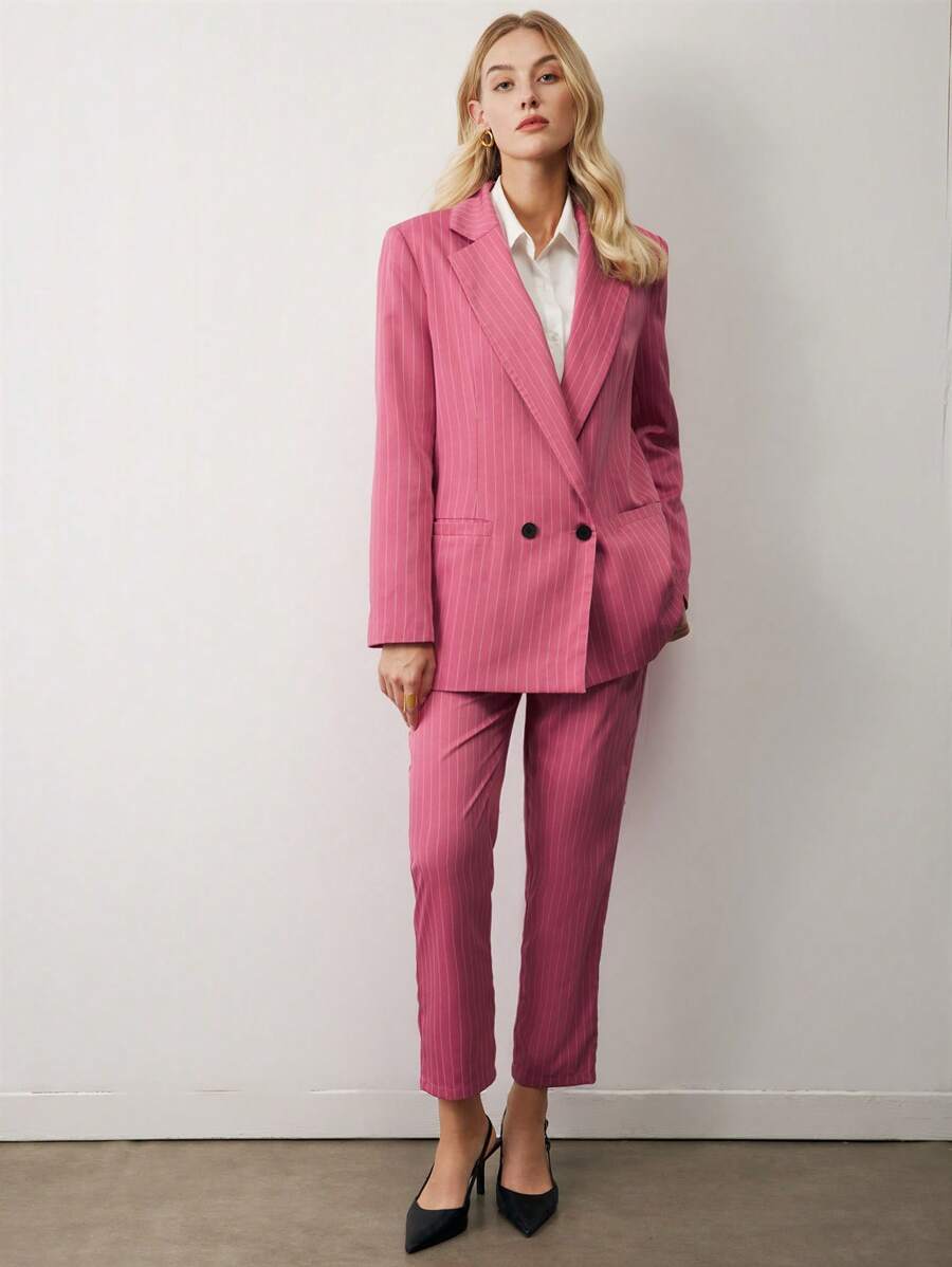 SHEIN BIZwear Pink Stripe Suit Set, Long Sleeve Elegant Work Outfit ...