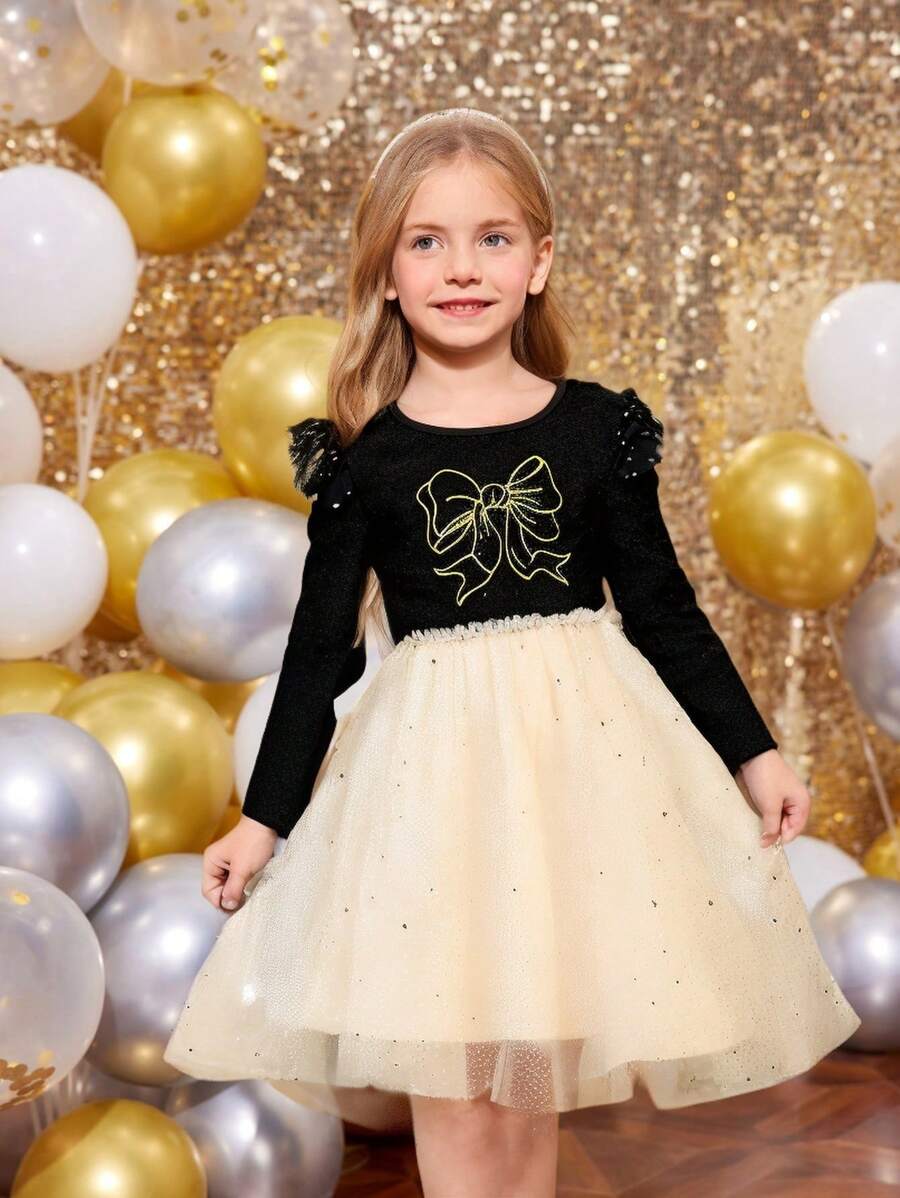 SHEIN Young Girl Black Velvet Splicing Champagne Shimmering Gauze Dress ...
