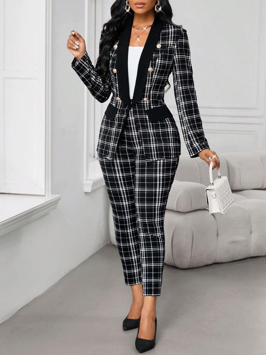 SHEIN Lady Elegant Check Pattern Blazer And Pants Suit Set For Commute ...