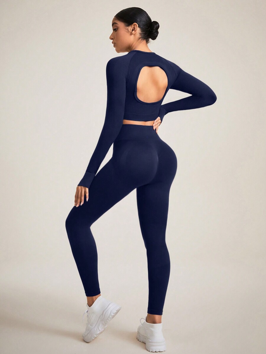 SHEIN Sport Studio Women Solid Color Open Back Seamless Sports Set Gym ...