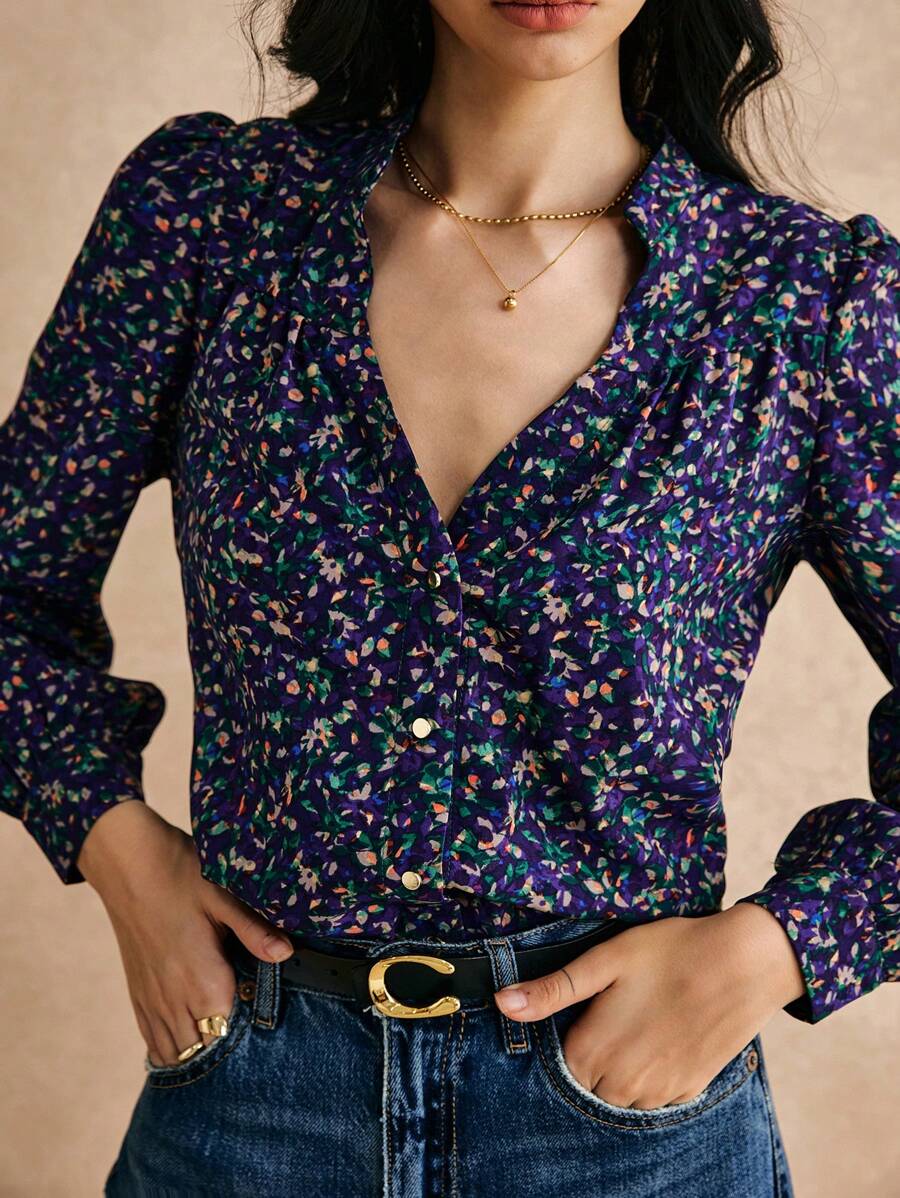 Poéselle Women Front Button Closure Long Sleeve All-Over Print Simple ...