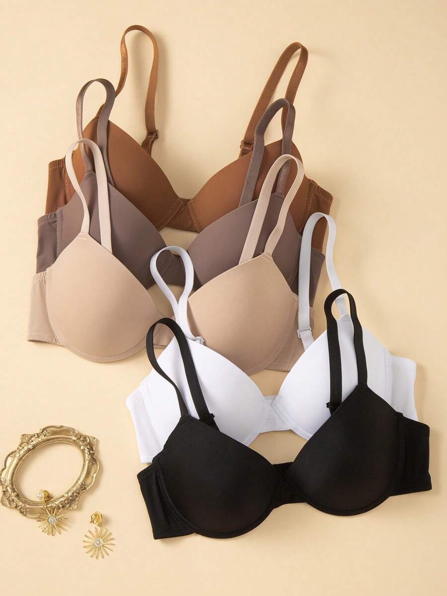 5 Pcs/Set Ladies Solid Color Comfortable Wire-Free Bras | SHEIN USA