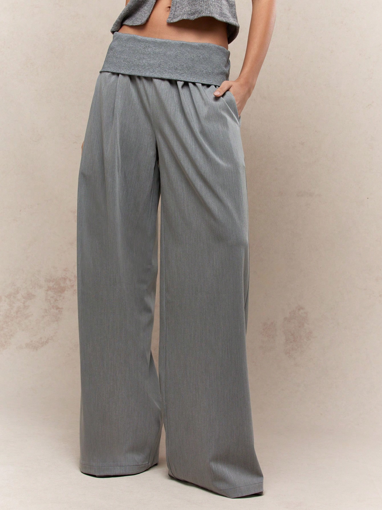 Folded Waistband Wide Leg Sweatpants Office Wear｜MISSGUIDED