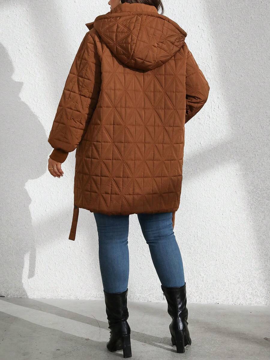 SHEIN LUNE Plus Size Women Winter Clothes Solid Color Long Sleeve Zip Front Pocket Hooded Padded ...