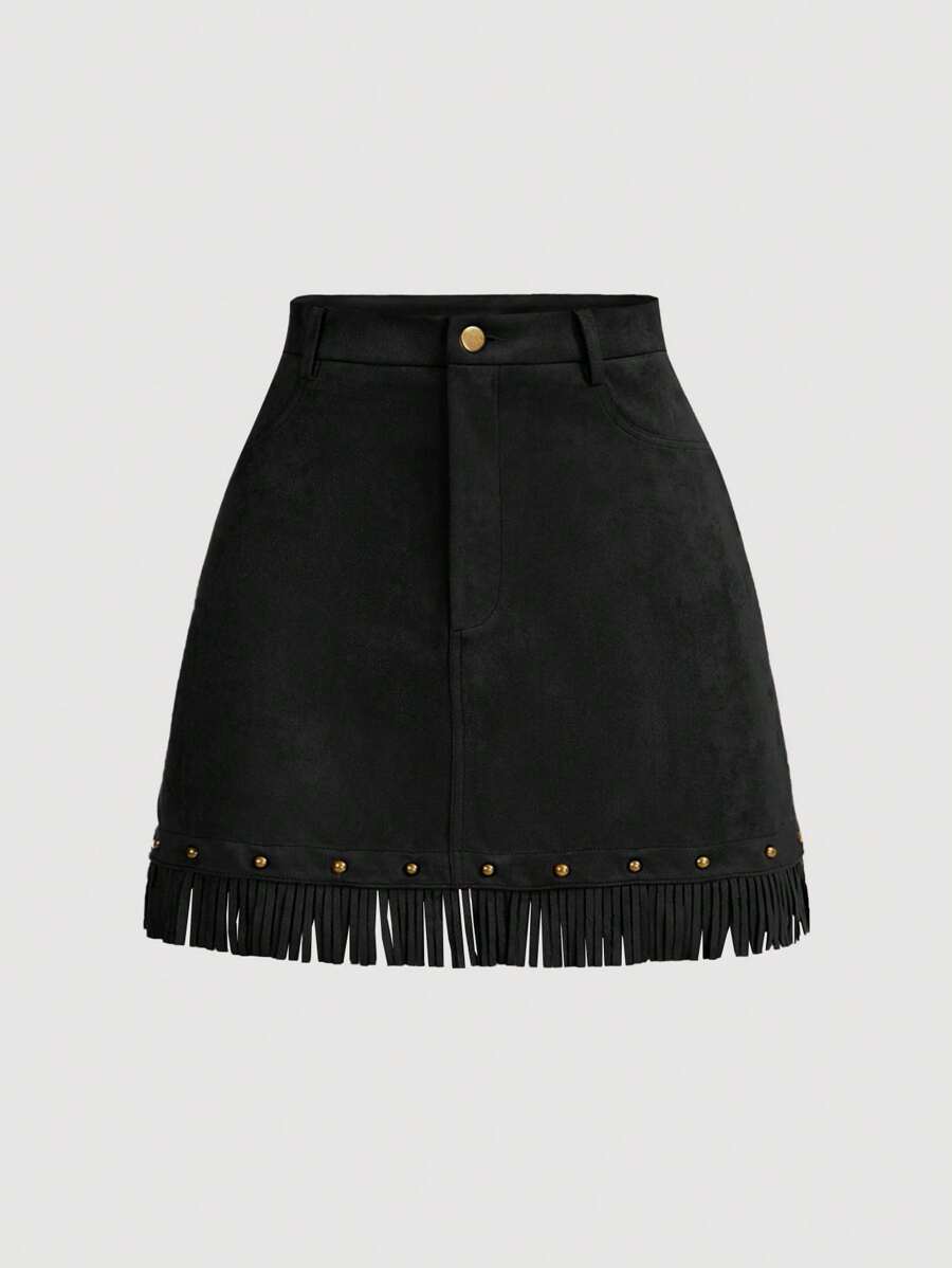 SHEIN MOD High Waist A-Line Faux Suede Fringed Hem Skirt | SHEIN USA