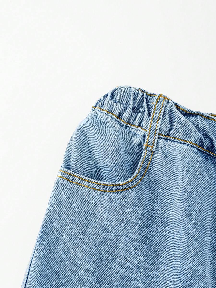 SHEIN Tween Girls Y2K Style Light Blue Denim Jeans With Star Applique, Frayed Hem, Loose ...