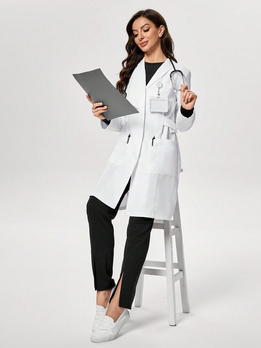 SHEIN TaskFit Long Sleeve Double Pocket Anti-Wrinkle White Lab Coat ...