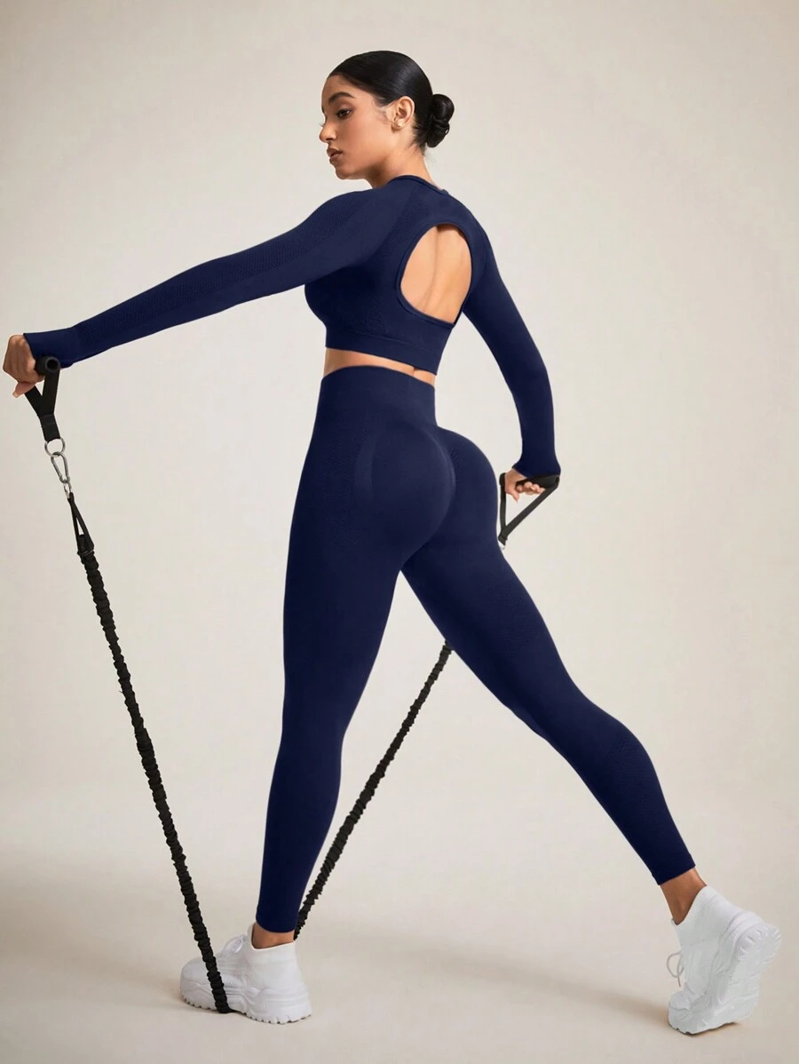 SHEIN Sport Studio Women Solid Color Open Back Seamless Sports Set Gym ...