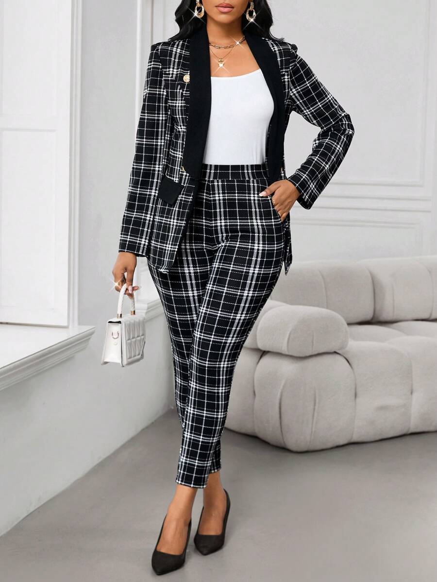 SHEIN Lady Conjunto de traje elegante con blazer y pantalones a cuadros ...