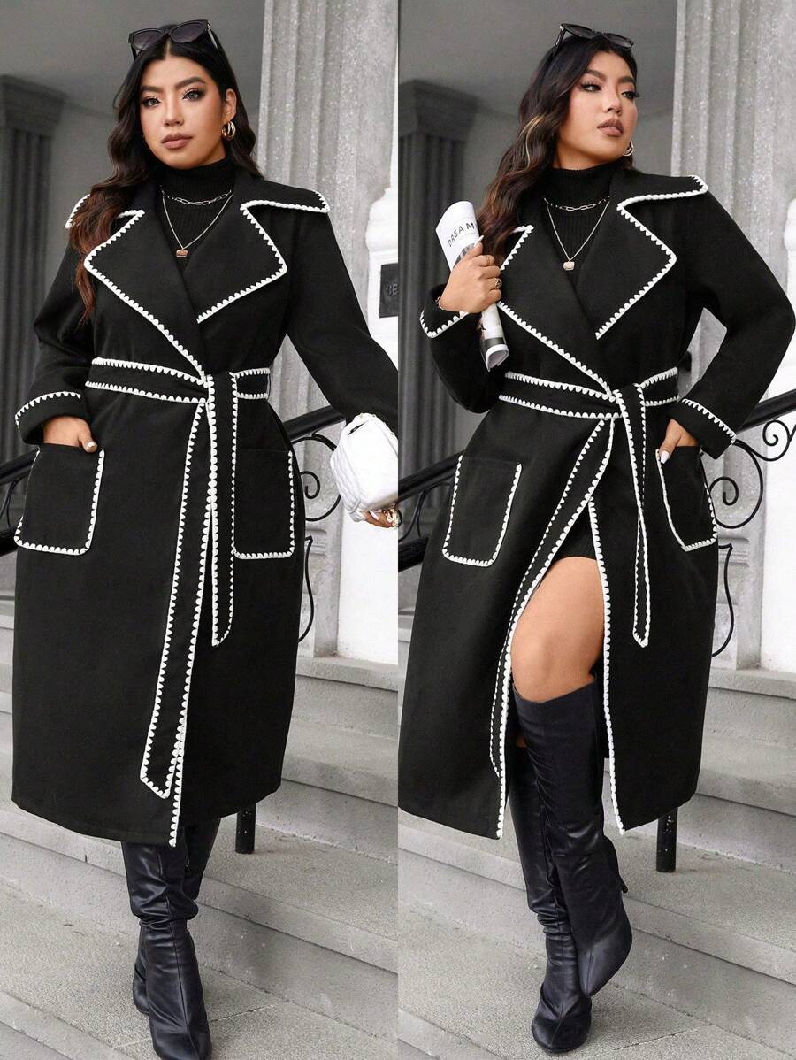 Celure Plus Size Women's Contrast Trim Turn-Down Collar Long Sleeve ...