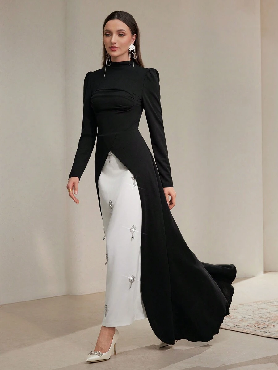 Modelyn Women's Elegant Color Block High Slit Rhinestone Detail Dress ...